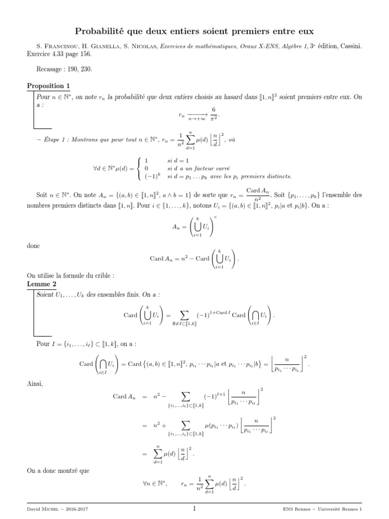 Probabilite Entiers Premiers Entre Eux | PDF | Nombre | Théorie des nombres