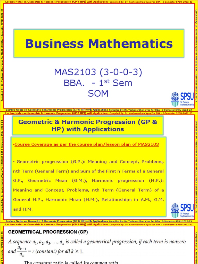 Geometric Harmonic Progression (GP HP) With Applications BBA-I Sem 2022 ...