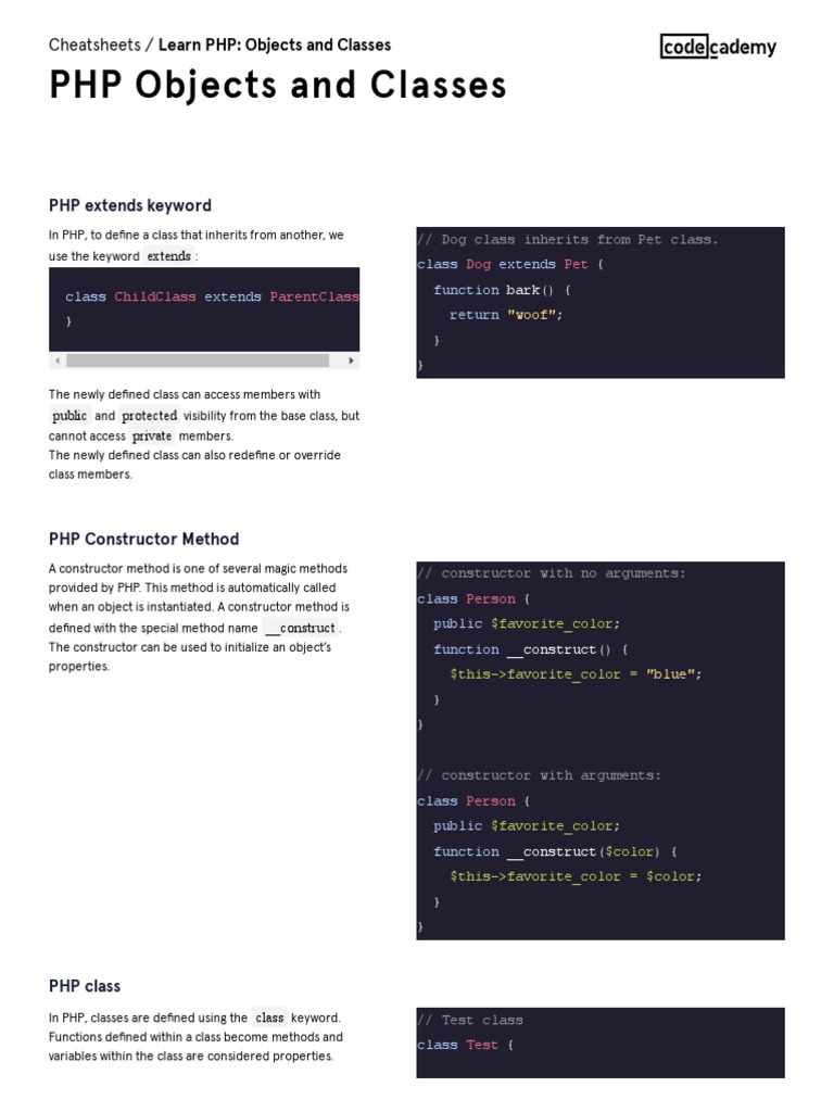 Learn Php Objects And Classes Php Objects And Classes Cheatsheet Codecademy Pdf Class