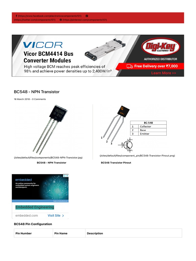 BC548 Transistor Pinout, Equivalent, Working As Amplifier-Switch & Datasheet | PDF | Transistor ...