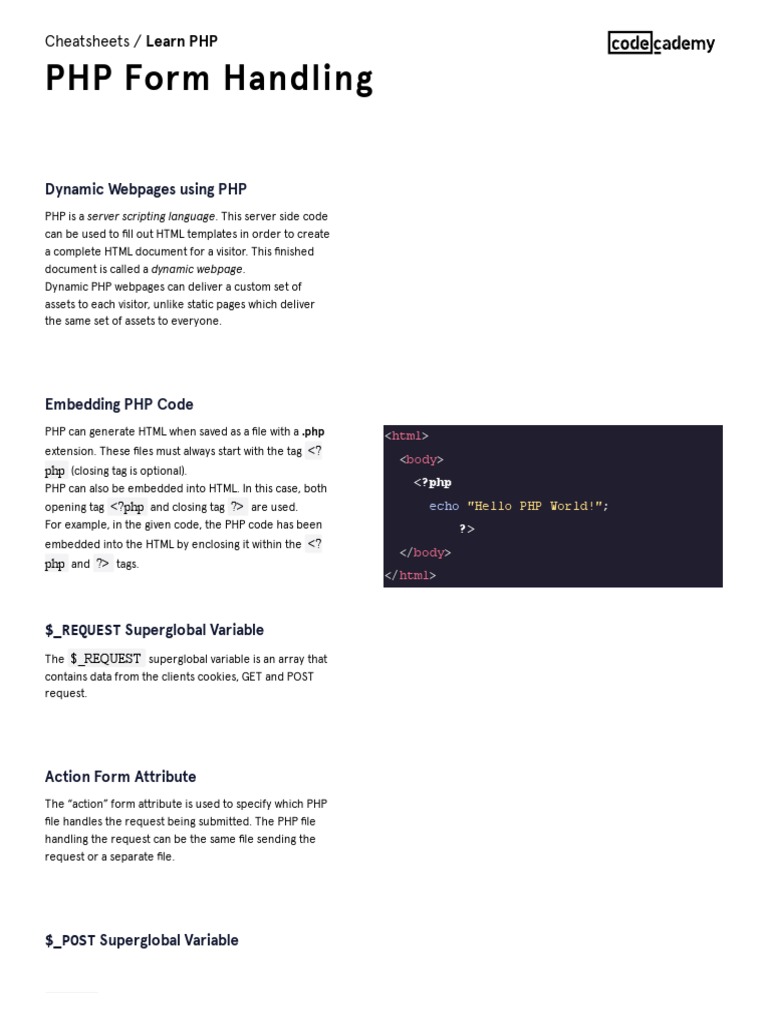 Learn Php Php Form Handling Cheatsheet Codecademy Pdf 