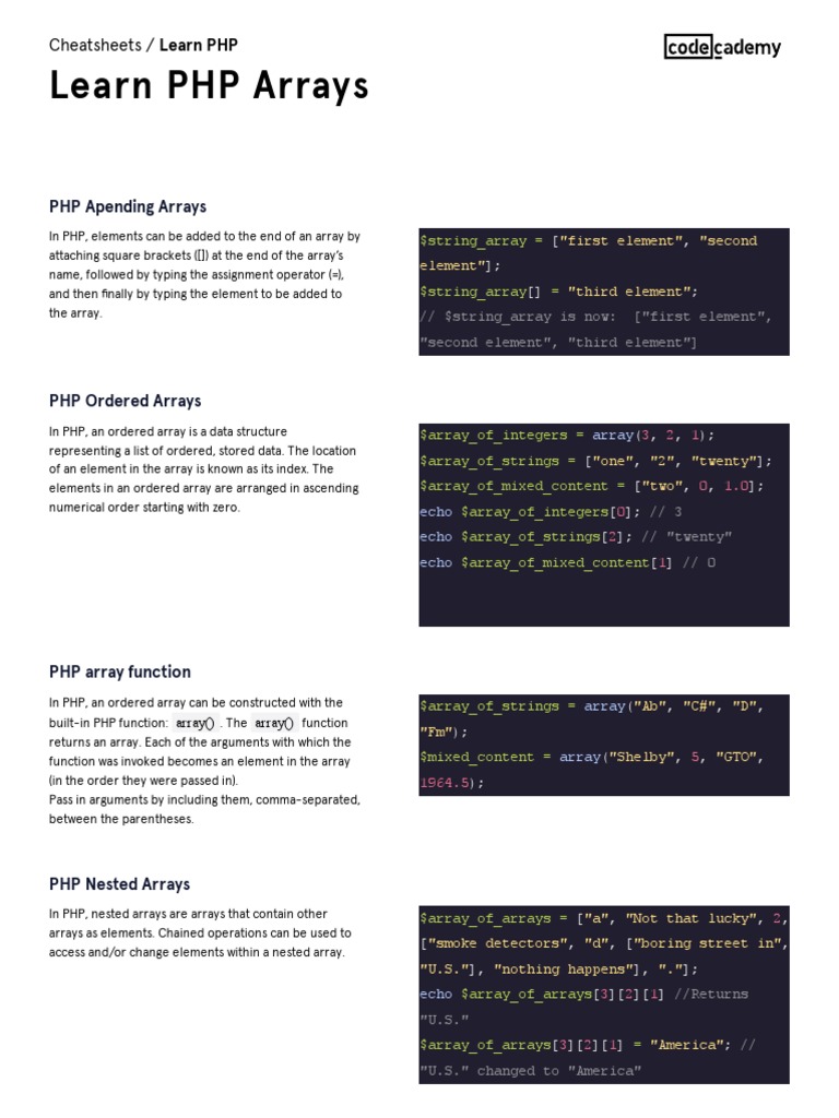 Learn Php Learn Php Arrays Cheatsheet Codecademy Pdf Array Data Type Array Data Structure 0457
