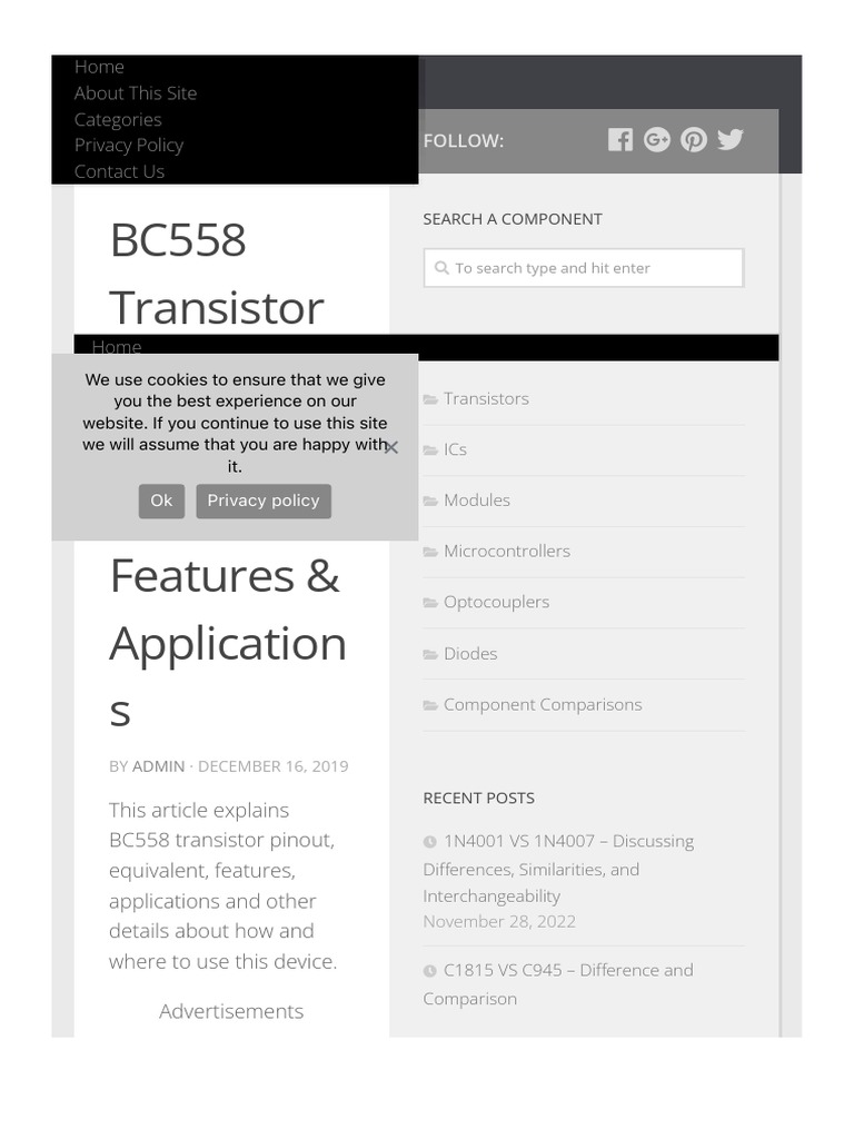 BC558 Transistor Pinout, Equivalent, Uses, Features & Applications ...