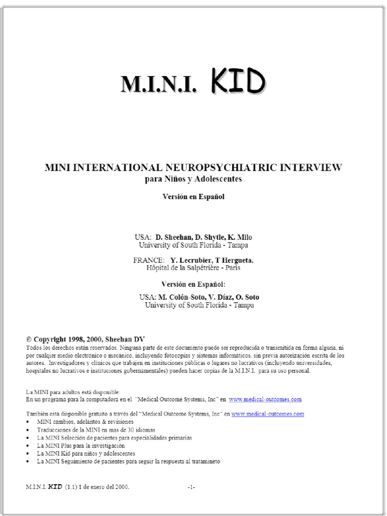 MINI INTERNATIONAL NEUROPSYCHIATRIC INTERVIEW para Niños y Adolescentes ...