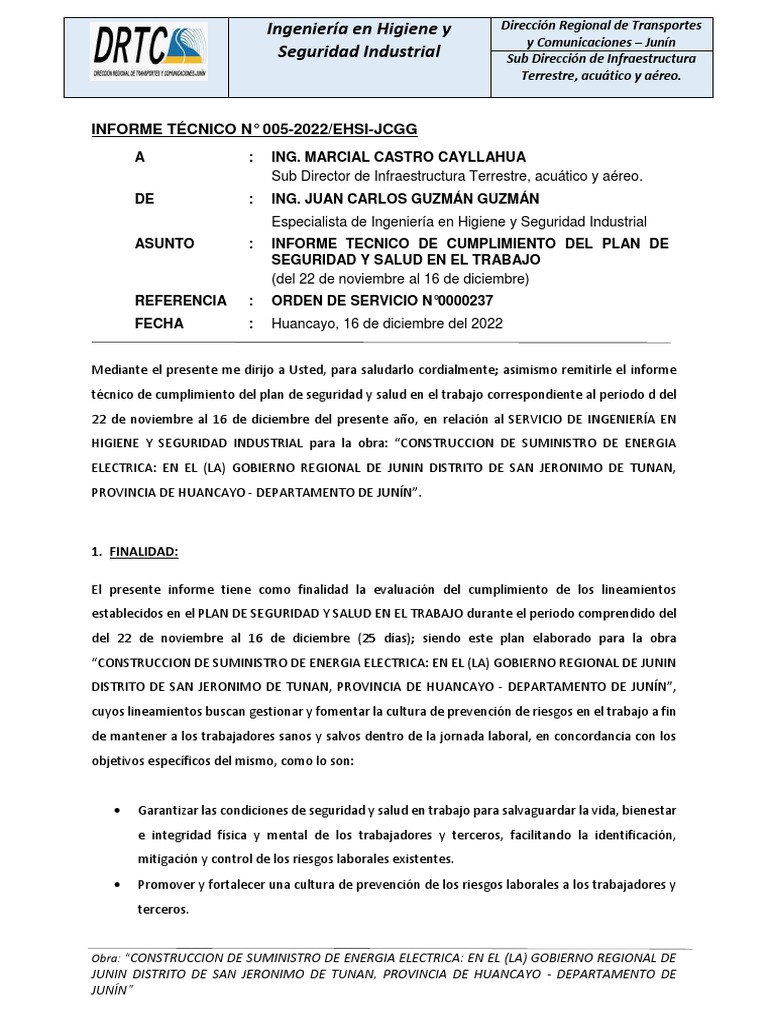 5° Informe - Cumplimiento de Plan de Seguridad | PDF | Valores | Ingeniería