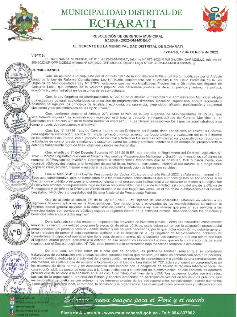 Resolucion de Gerencia Municipal N°349-2022-Gm-Mde-Lc | PDF