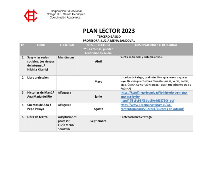 3ro Basico Plano Lector 2023 | PDF