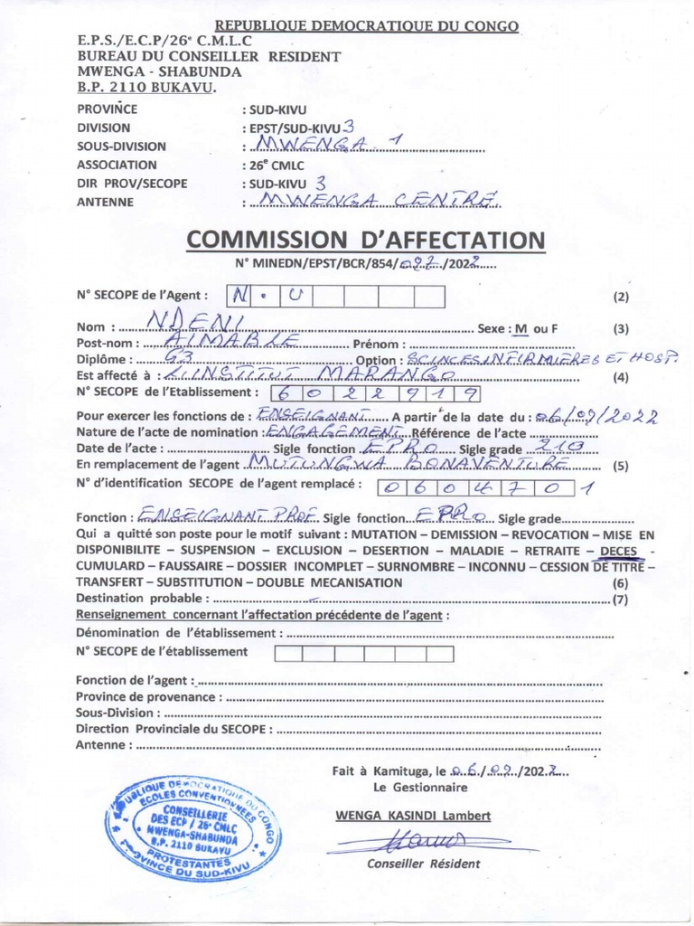 Commussion D'affectation de Ndeni | PDF
