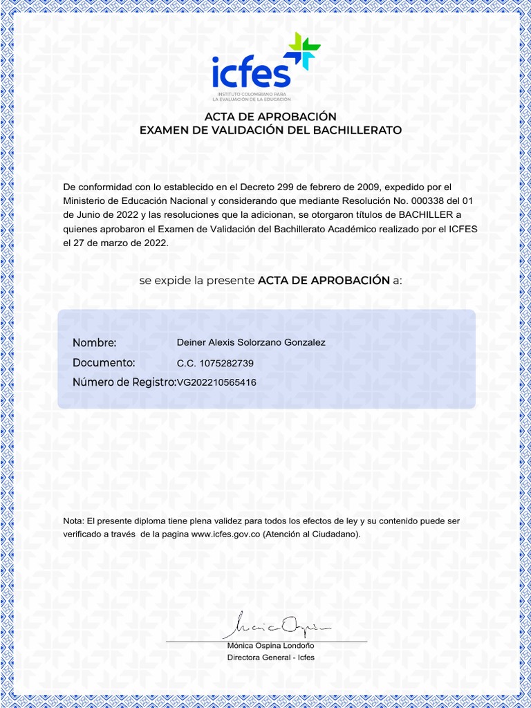 Diploma Bachillerato ICFES 2022 | PDF