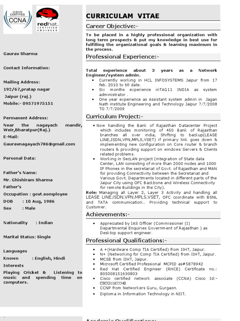 CV Network Engineer Gaurav Sharma | PDF | Cisco Certifications | Computer Network