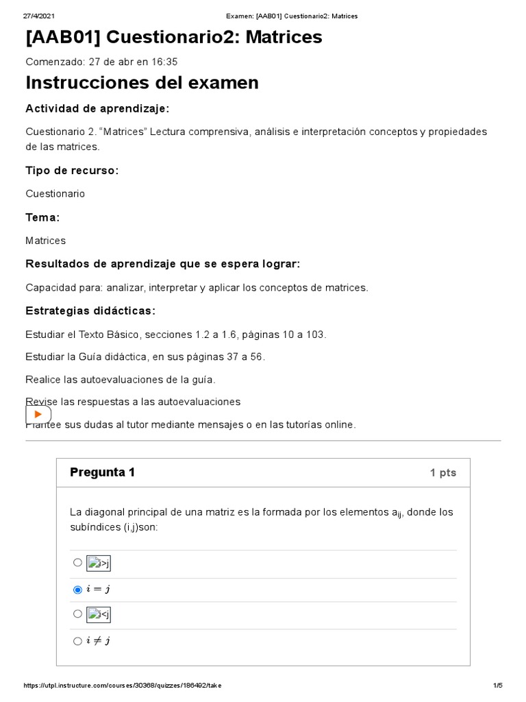 Examen - (AAB01) Cuestionario2 - Matrices | PDF | Matriz (Matemáticas) | Prueba (evaluación)