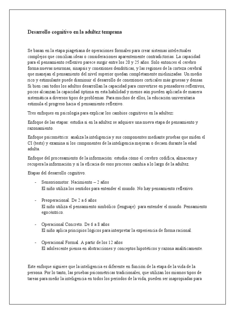 Desarrollo Cognitivo en La Adultez Temprana | PDF | Adultos | Pensamiento