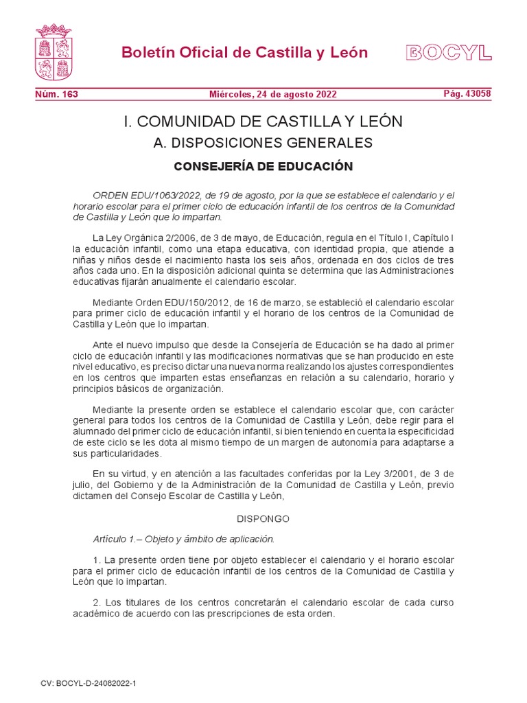 BOCYL-D-24082022-1calendario y Horario para Infantil | PDF | Educación ...