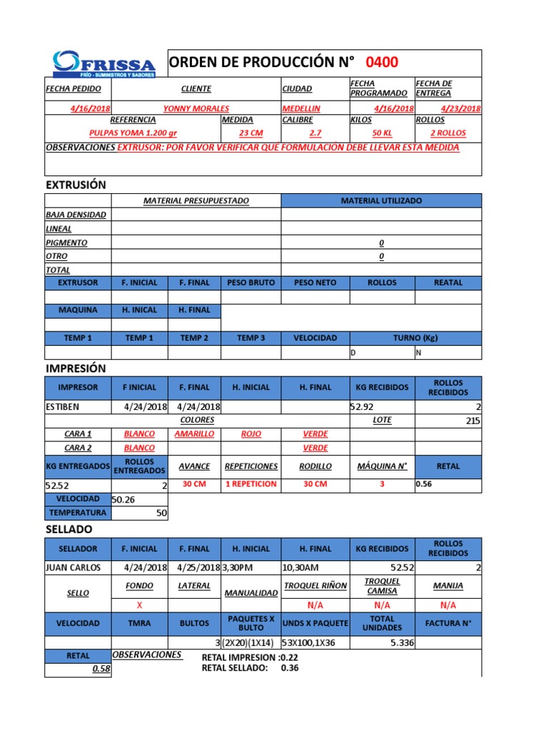 Orden de Produccion | PDF | Extrusión | Kilogramo
