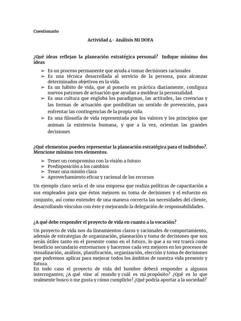 Cuestionario Actividad 4 Análisis Mi DOFA | PDF | Planificación | Toma ...