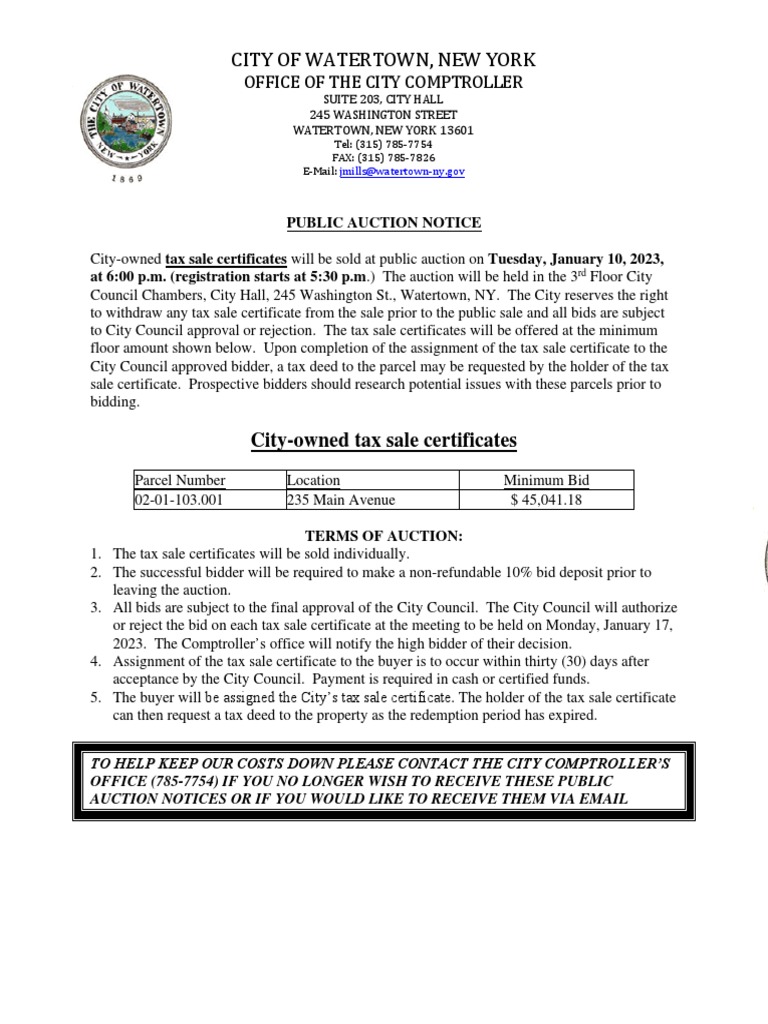 Tax Sale Certificate Assignment Auction Jan. 10, 2023 | PDF | Auction ...