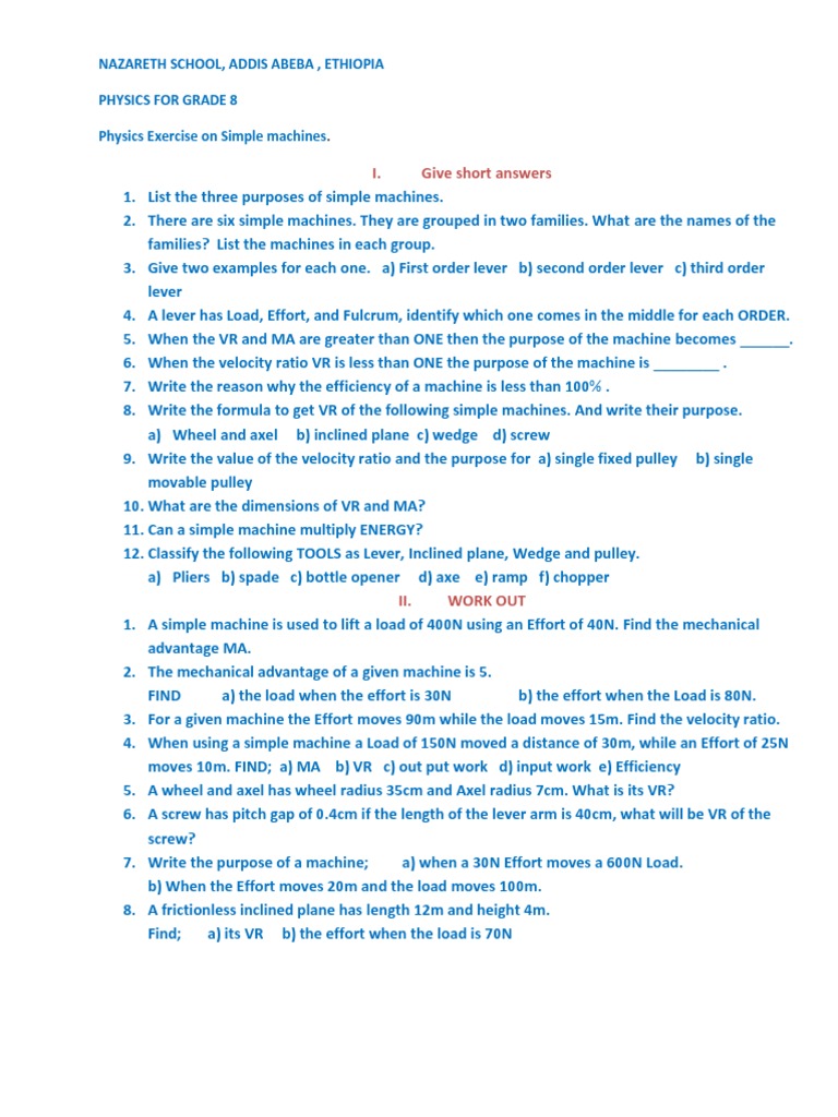 I. Give Short Answers: Nazareth School, Addis Abeba, Ethiopia Physics ...