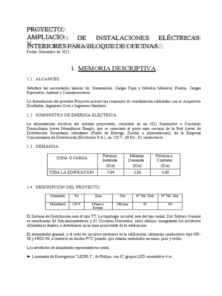 Memoria Descriptiva Electricas | PDF | Cobre | Enchufes y tomas de corriente alterna