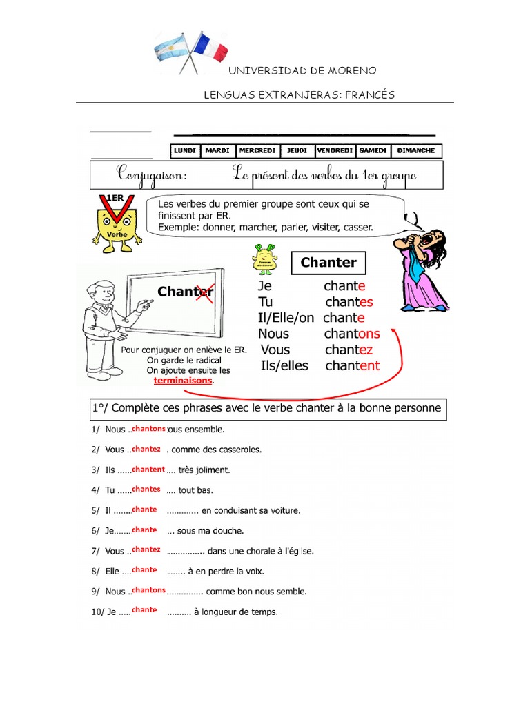Conjugación de verbos en francés: Presente del indicativo de cantar y ...