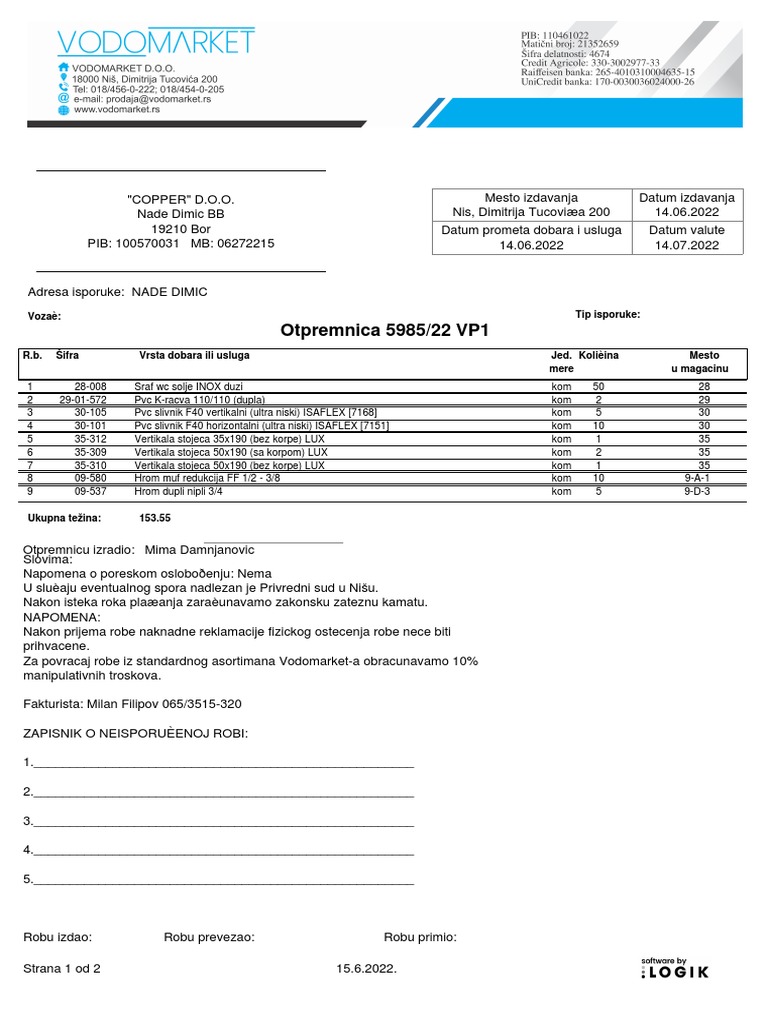 Otpremnica 5985/22 VP1: Tip Isporuke: Vozaè | PDF