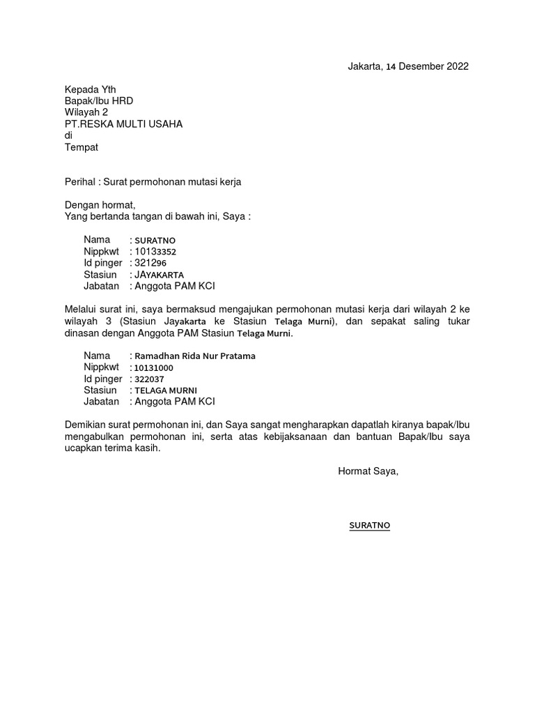 Permohonan Mutasi Kerja Suratno | PDF