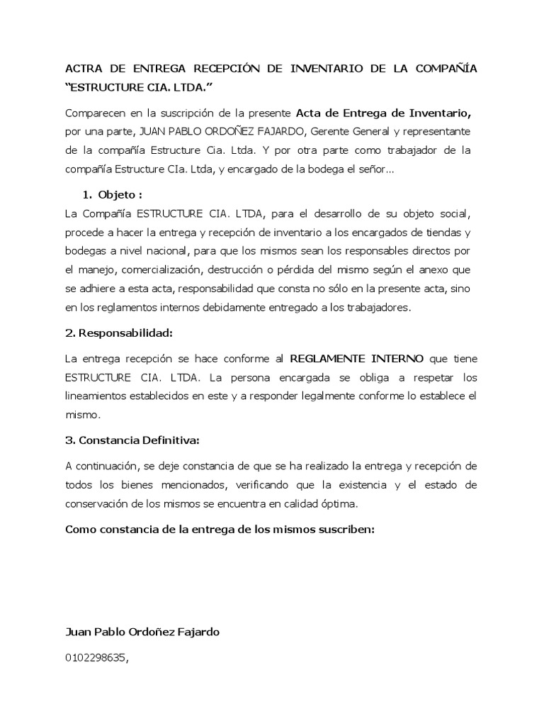 Acta de Entrega de Inventario | PDF