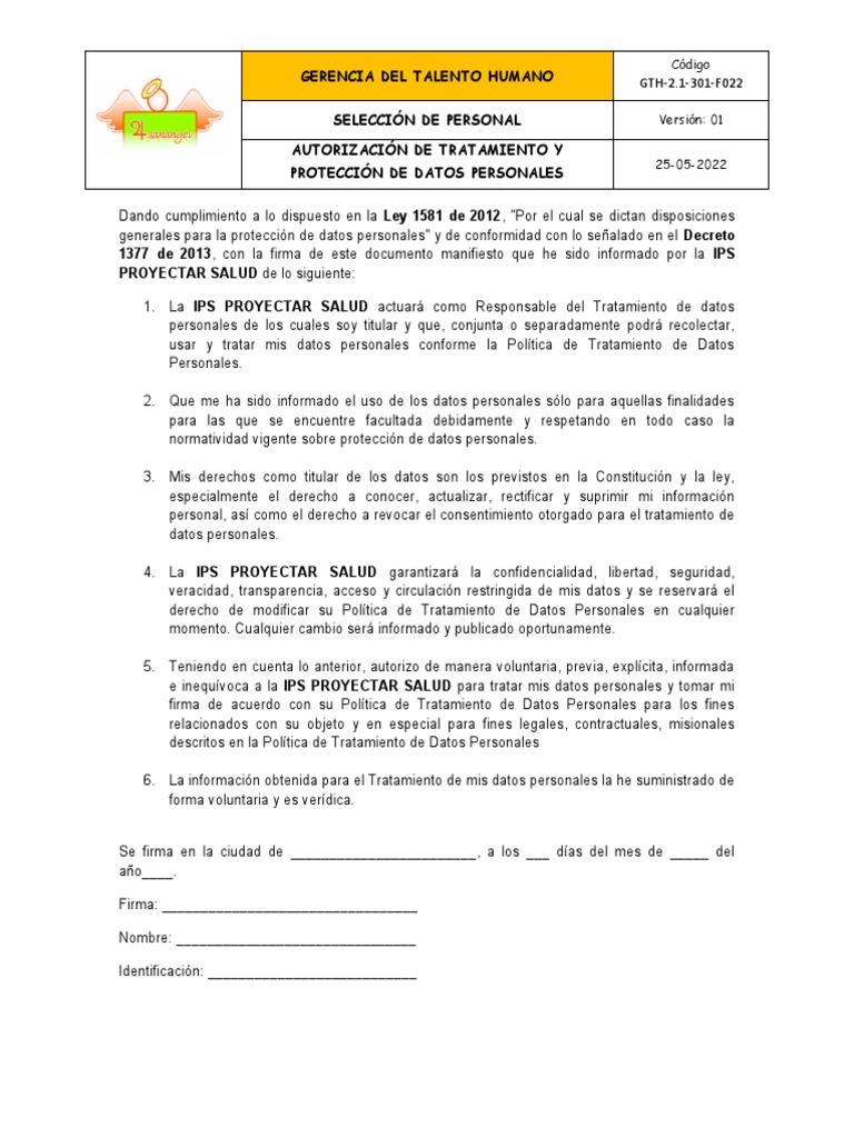 GTH-2.1-301-F022 AUTORIZACIÓN DE TRATAMIENTO Y PROTECCIÓN DE DATOS PERSONALES | PDF | Privacidad ...
