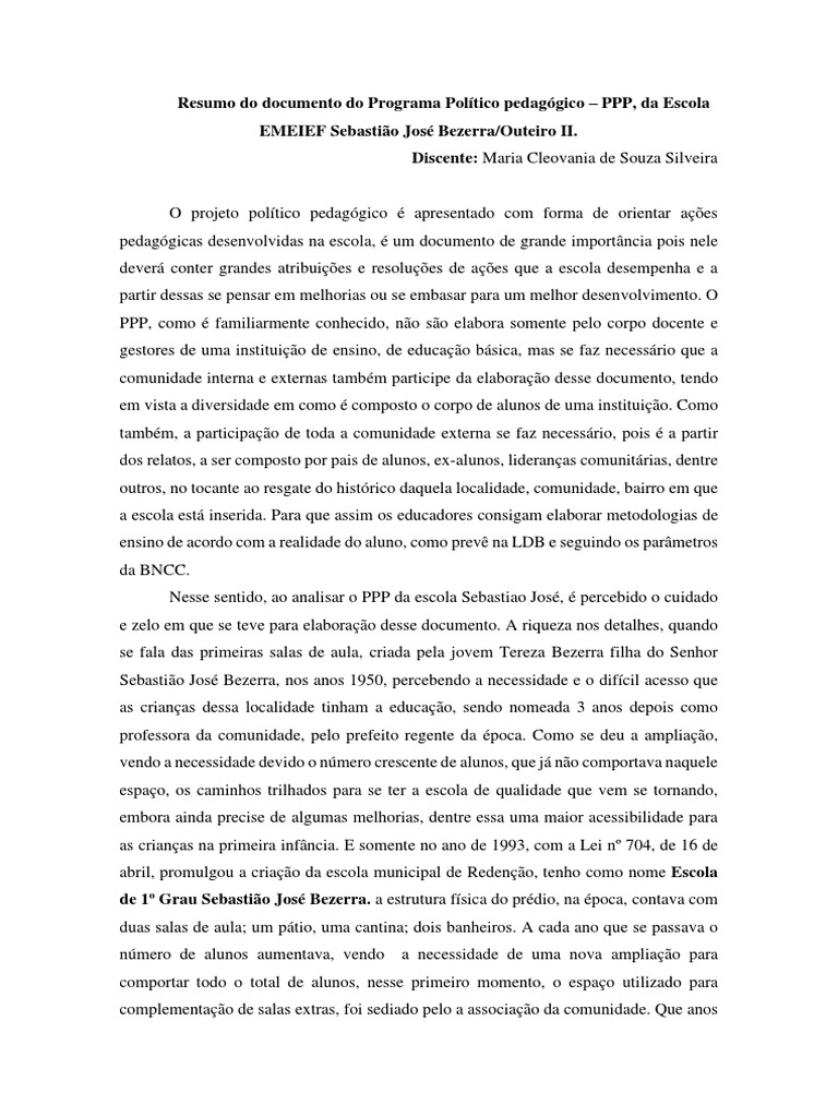 Resumo Do Documento Do Programa Político Pedagógico - Cleovania | PDF | Pedagogia | Escolas