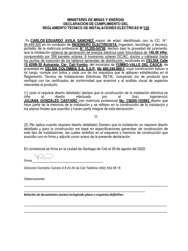 Declaración de Cumplimiento RETIE - Constructor Corregido | PDF Declaración de Cumplimiento RETIE - Constructor Corregido | PDF