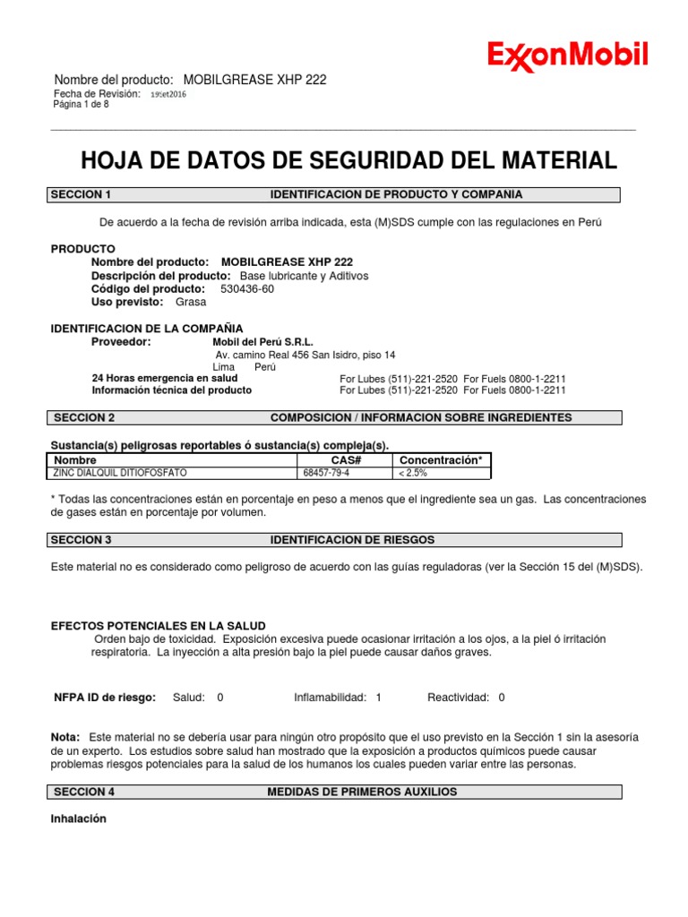 MSDS Mobilgrease XHP 222 Grasa | PDF | Agua | Primeros auxilios