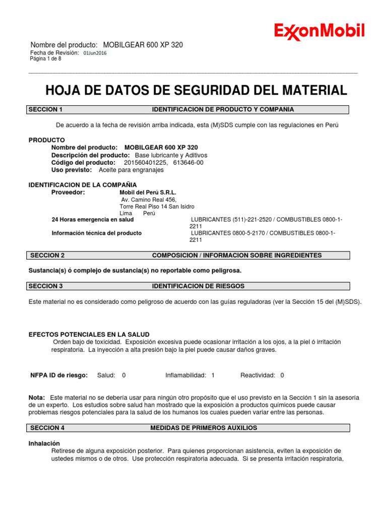 MSDS Mobilgear 600 XP 320 Aceite para Engranajes | PDF | Agua | Guante
