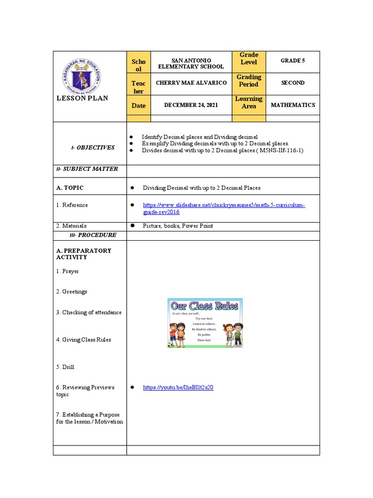 Educ103 - LESSON PLAN 1 | PDF | Decimal | Numbers