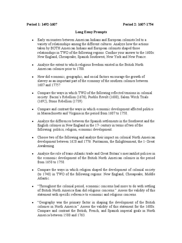 1e - Long Essay Prompts | PDF | Thirteen Colonies | Colonialism