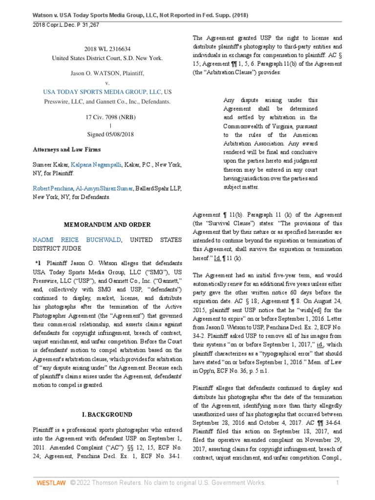 Watson V USA Today Sports Media Group LLC | PDF | Arbitration | Estoppel