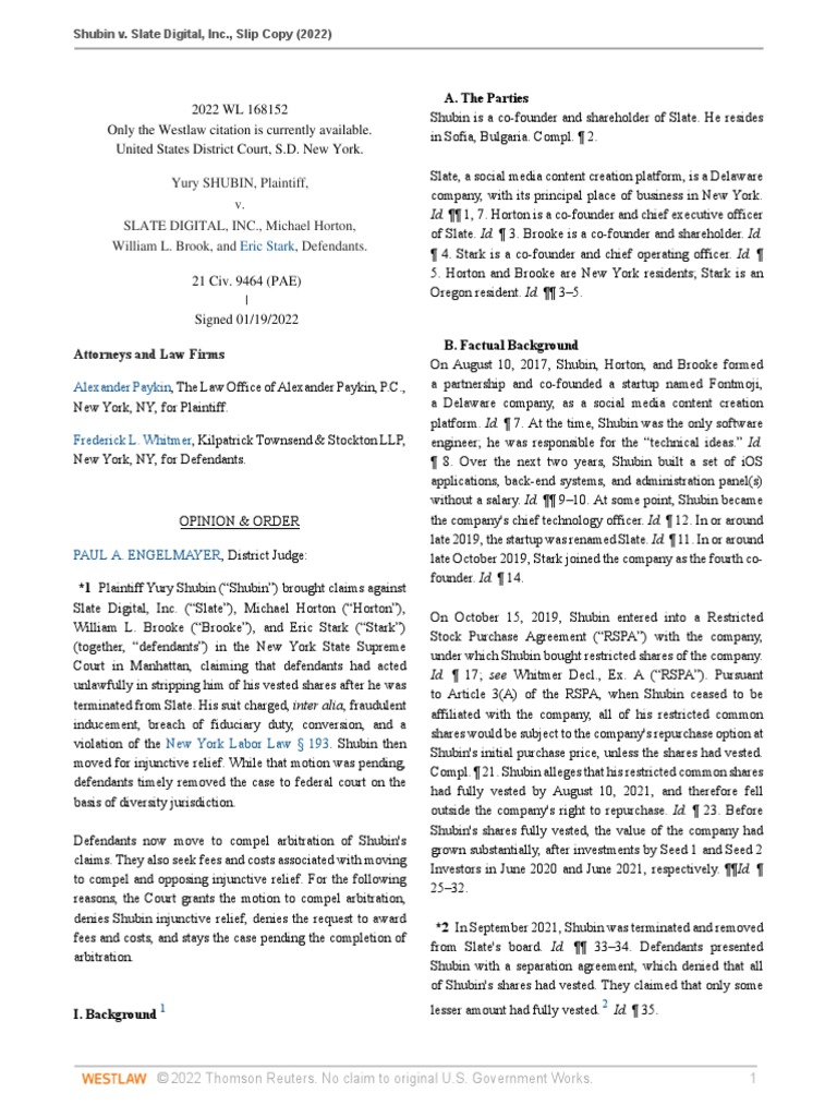 Shubin v. Slate Digital Arbitration Ruling | PDF | Arbitration | Injunction