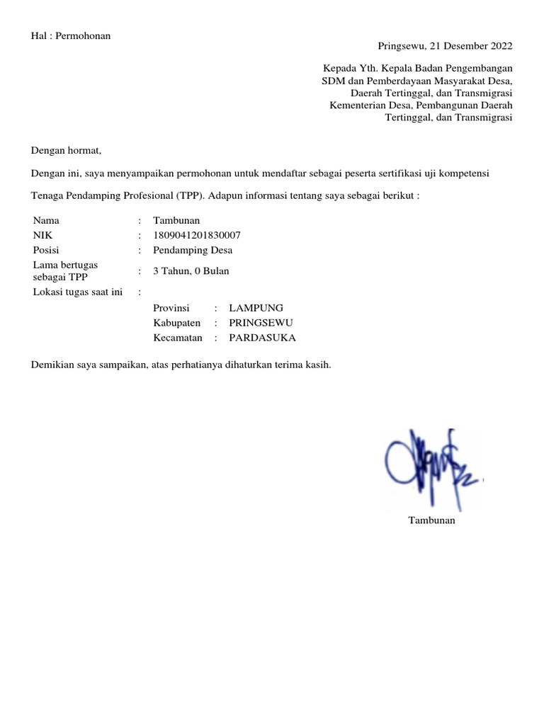 Surat Permohonan Sertifikasi | PDF