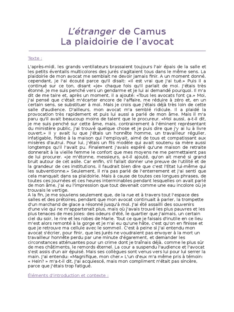 L'étranger de Camus | PDF | Fiction générale