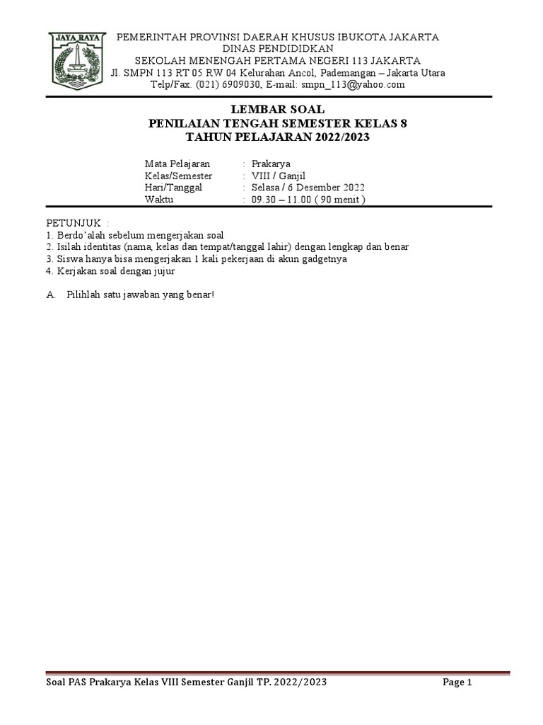 Soal Prakarya KLS 8 (Kristin) | PDF