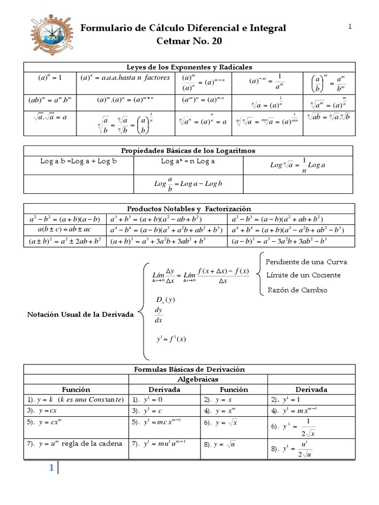 Copia de Formulario de Cálculo Diferencial e Integral | PDF | Derivado ...