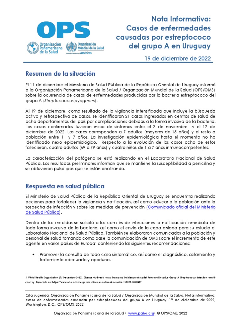Informe de MSP A OPS Por Estreptococo | PDF | Organización Panamericana de la Salud | Estreptococo