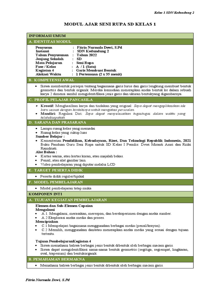 Modul Ajar Seni Rupa Kls 1 Lengkap | PDF