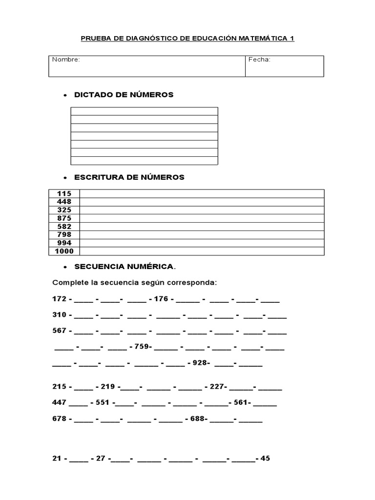 Prueba Diagnóstica Matemáticas 3° Básico | PDF | Números | Sustracción
