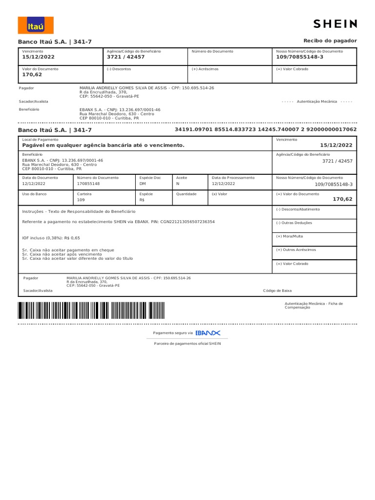 Banco Itaú S.A. - 341-7: Recibo Do Pagador 15/12/2022 3721 / 42457 109 ...