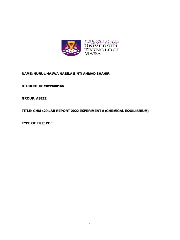 Experiment 5 Chemical Equilibrium CHM420 | PDF | Chemical Equilibrium | Chemical Reactions