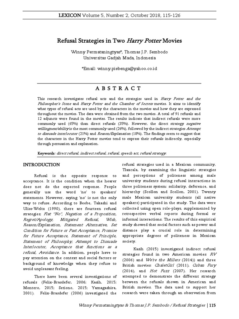 Refusal Strategies in Two Harry Potter Movies | PDF | Context (Language ...