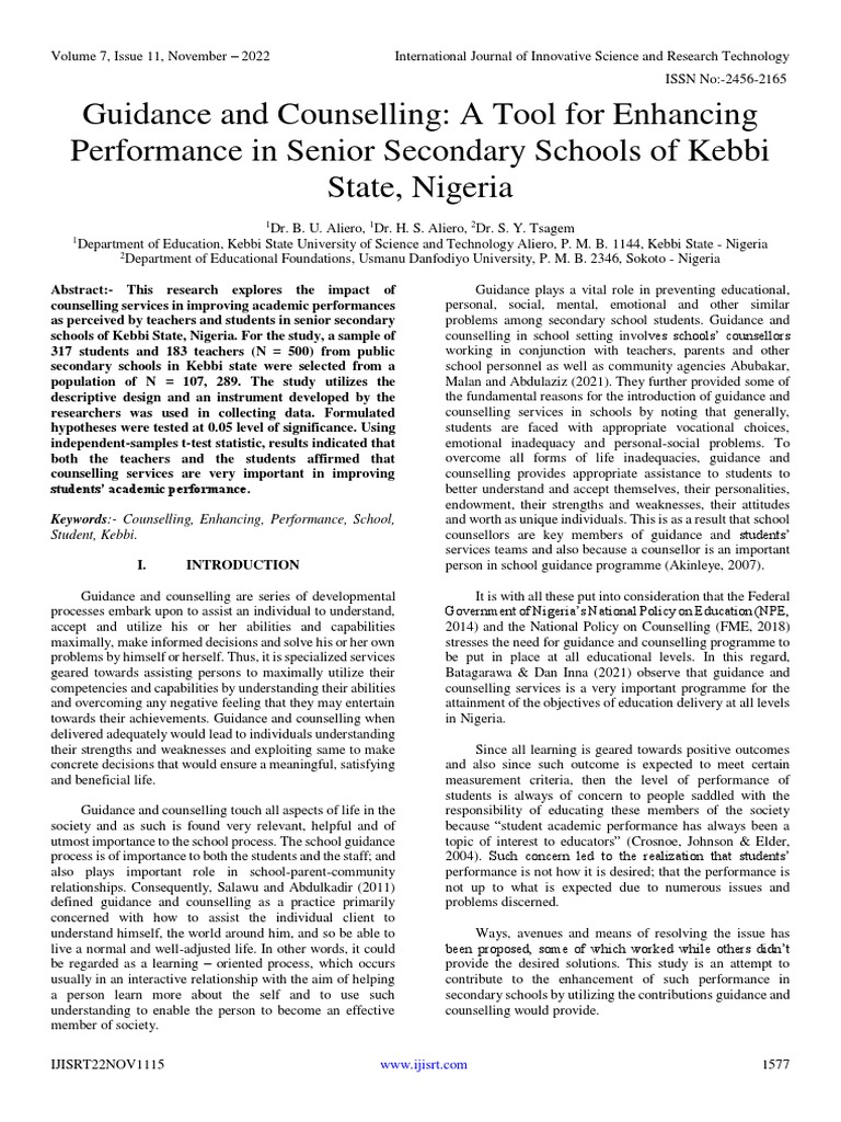 Guidance and Counselling A Tool For Enhancing Performance in Senior Secondary Schools of Kebbi ...