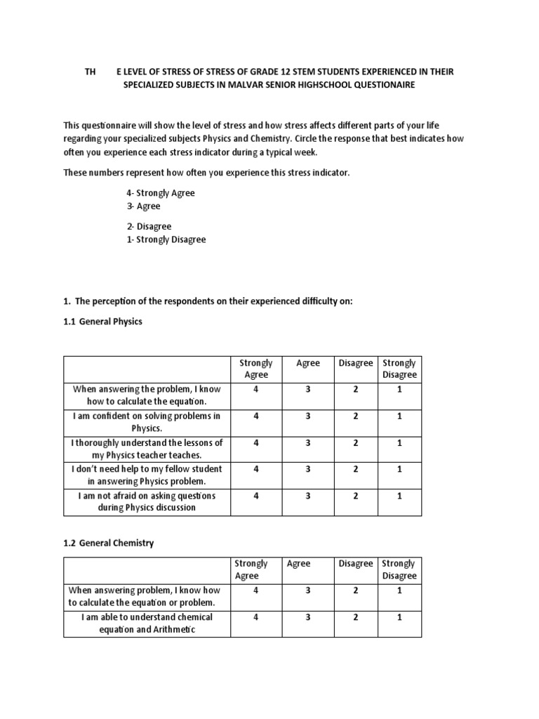 Stress Levels in Grade 12 STEM Students | PDF | Questionnaire ...