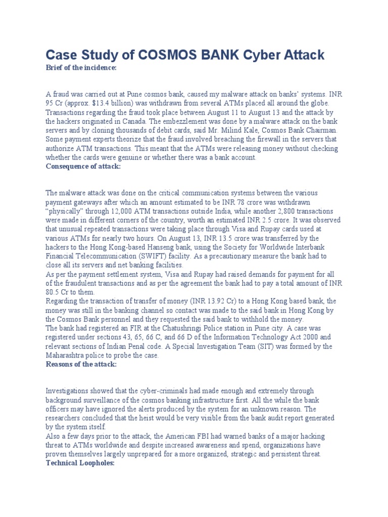 Case Study of COSMOS BANK Cyber Attack | PDF | Ransomware | Cybercrime