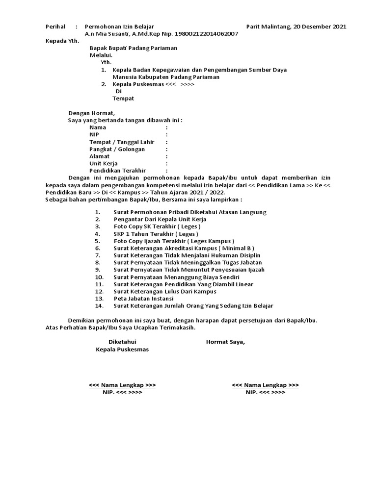 1.format Pengantar Izin Belajar Ke BKD | PDF