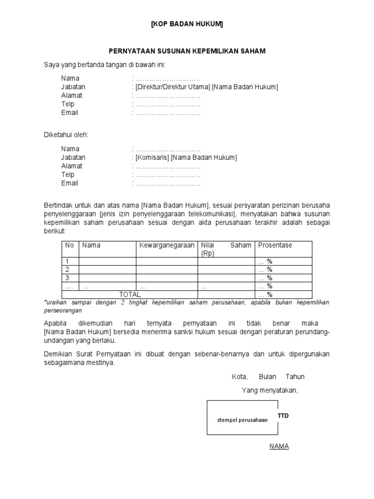 Surat Pernyataan Susunan Kepemilikan Saham - Jasa Tel | PDF